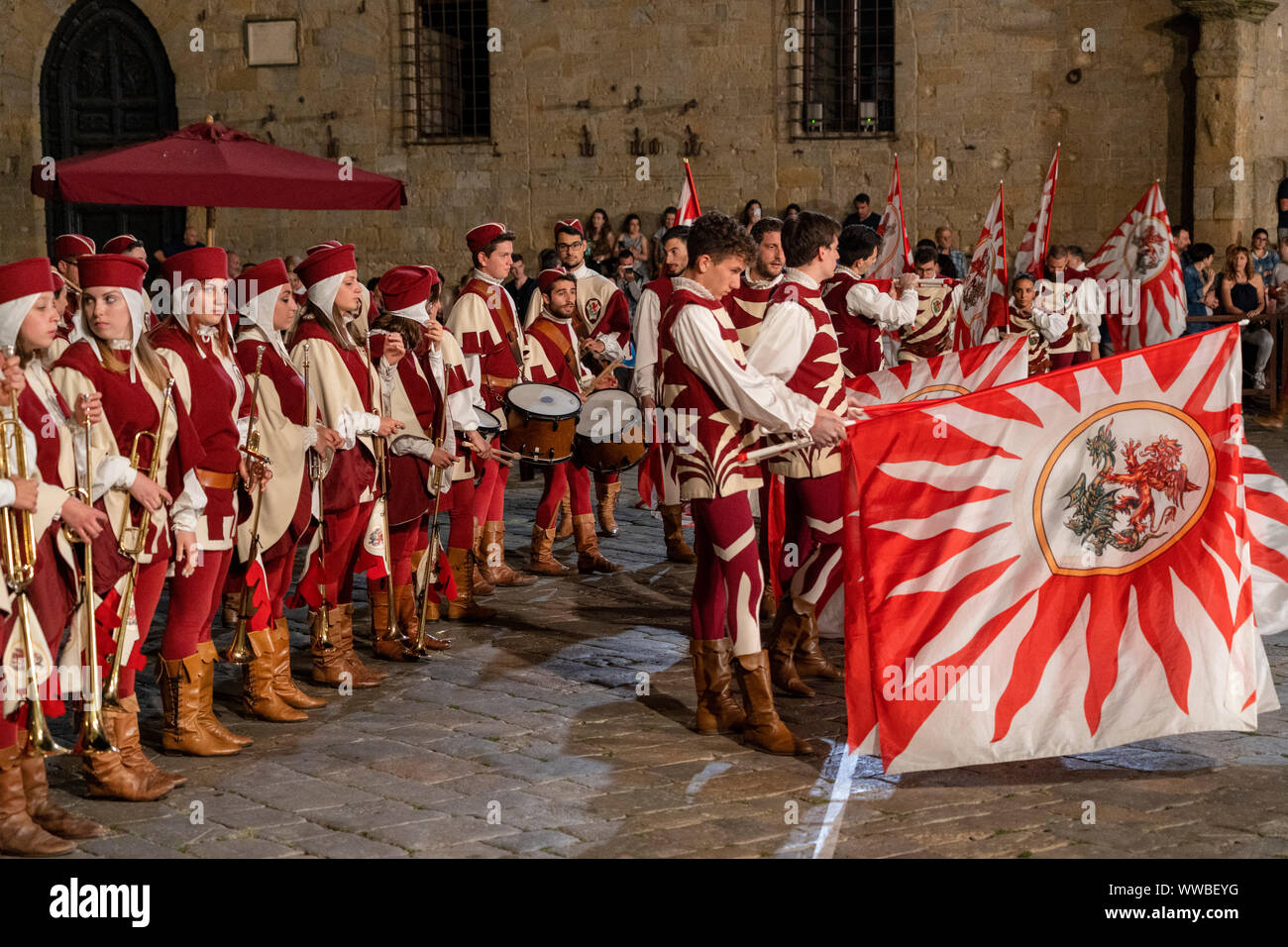 Volterra, Pisa, Tuscany, Italy: medieval feast with flags, trumpets and ...