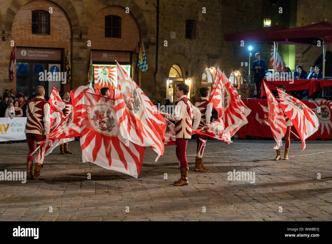 Volterra, Pisa, Tuscany, Italy: medieval feast with flags and ...