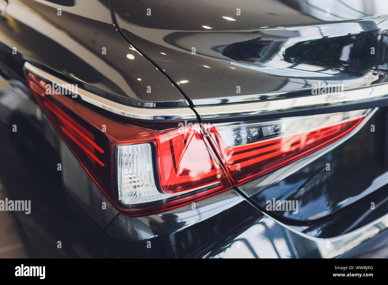 Back view of new black car. Closeup headlights of car. Black premium ...