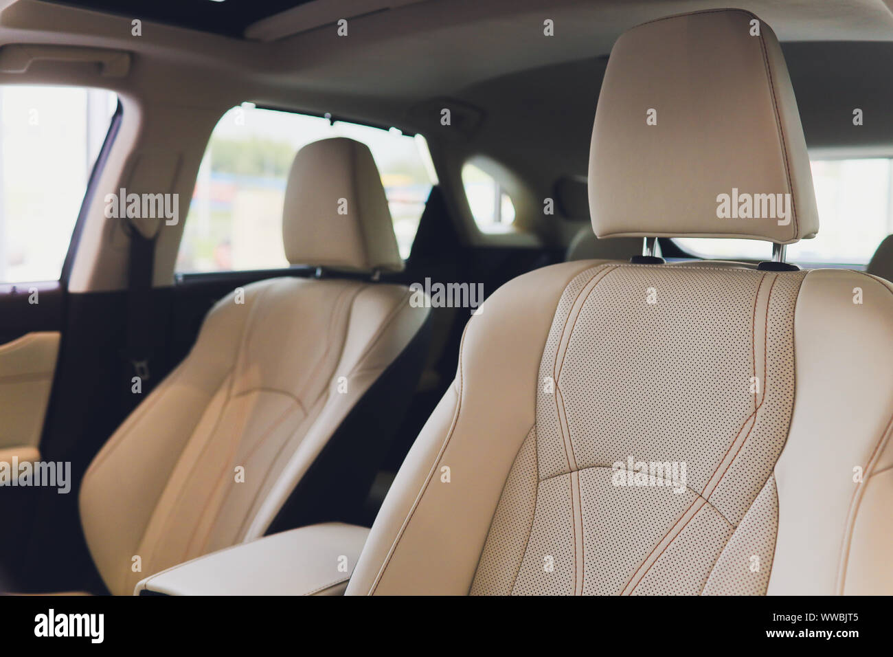 Car inside driver place. Interior of prestige modern car. Front seats ...