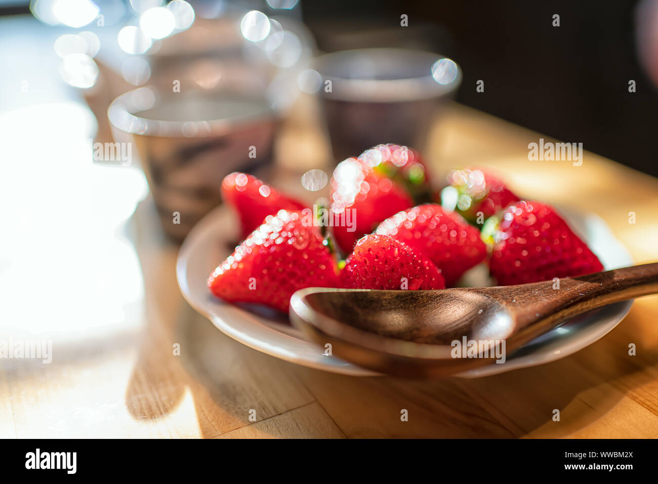 Traditional Japanese dessert plump expensive strawberries on plate at ...