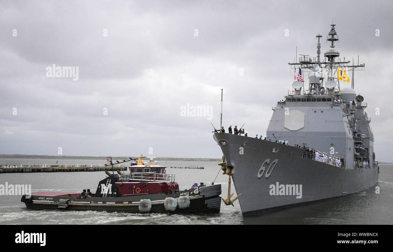 NORFOLK, Va. (Sept. 13, 2019) The Ticonderoga-class guided-missile ...