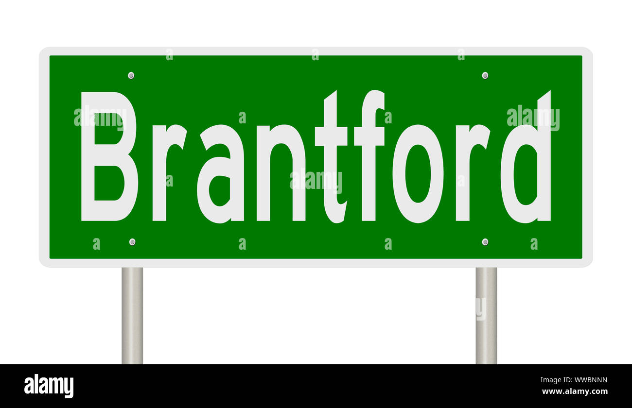 Rendering of a green road sign for Brantford Ontario Canada Stock Photo ...