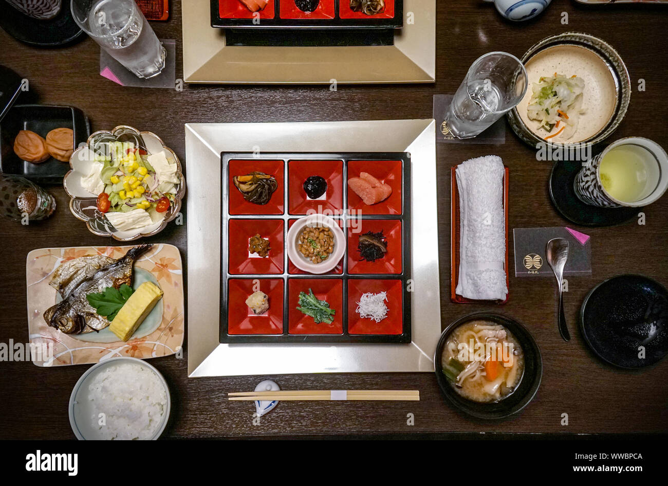 Japanese traditional breakfast in a ryokan, kaiseki style, Yamanashi ...