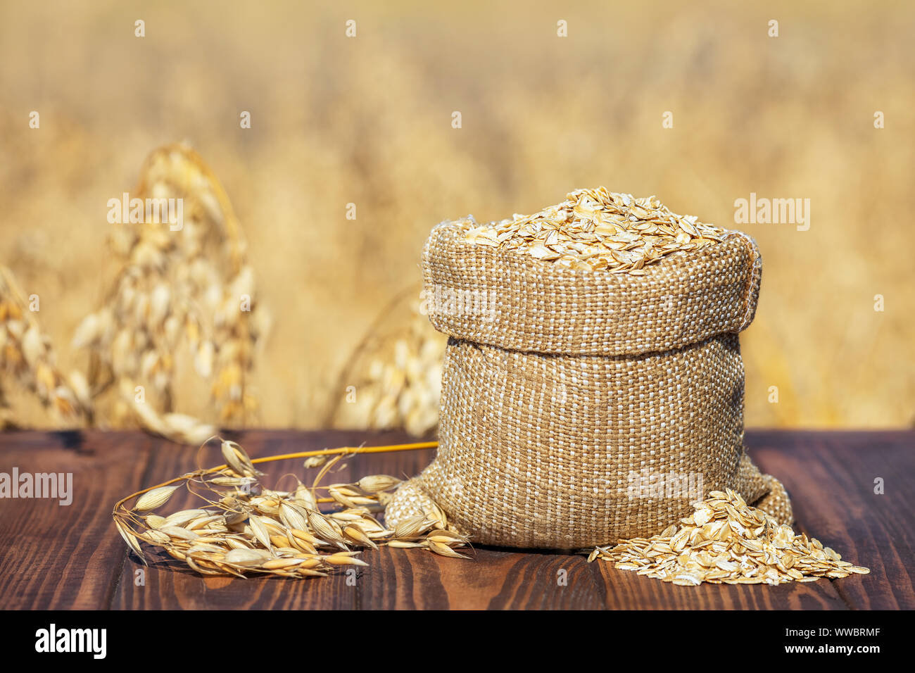 raw oatmeal in bag on table with ripe cereal field on the background ...