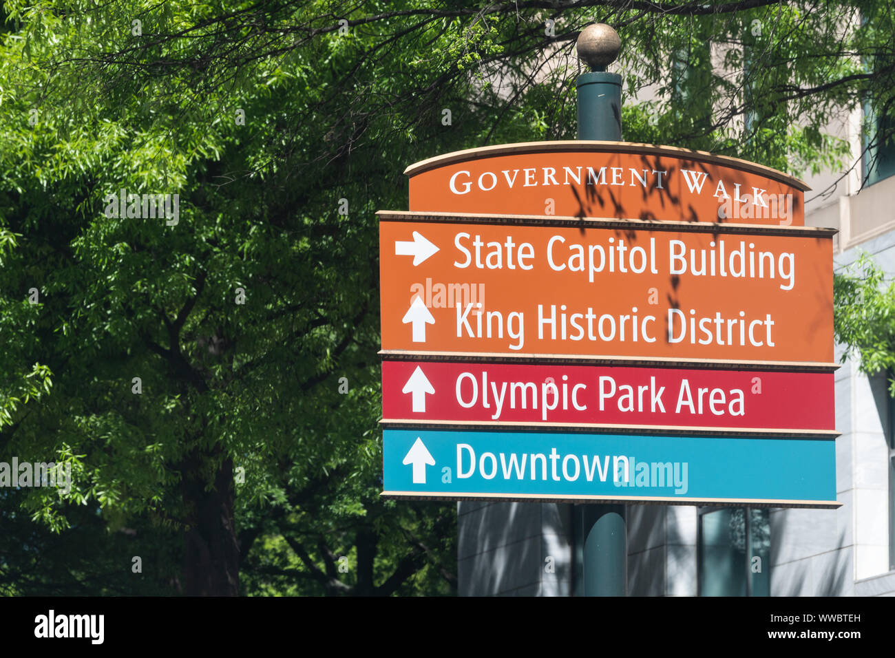 Atlanta, USA - April 20, 2018: Direction sign arrows to State Capitol ...