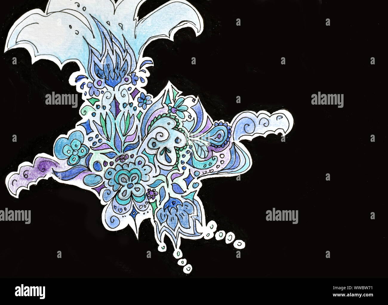 Abstract blue hand drawn pattern of flowers and curved lines, comic ...