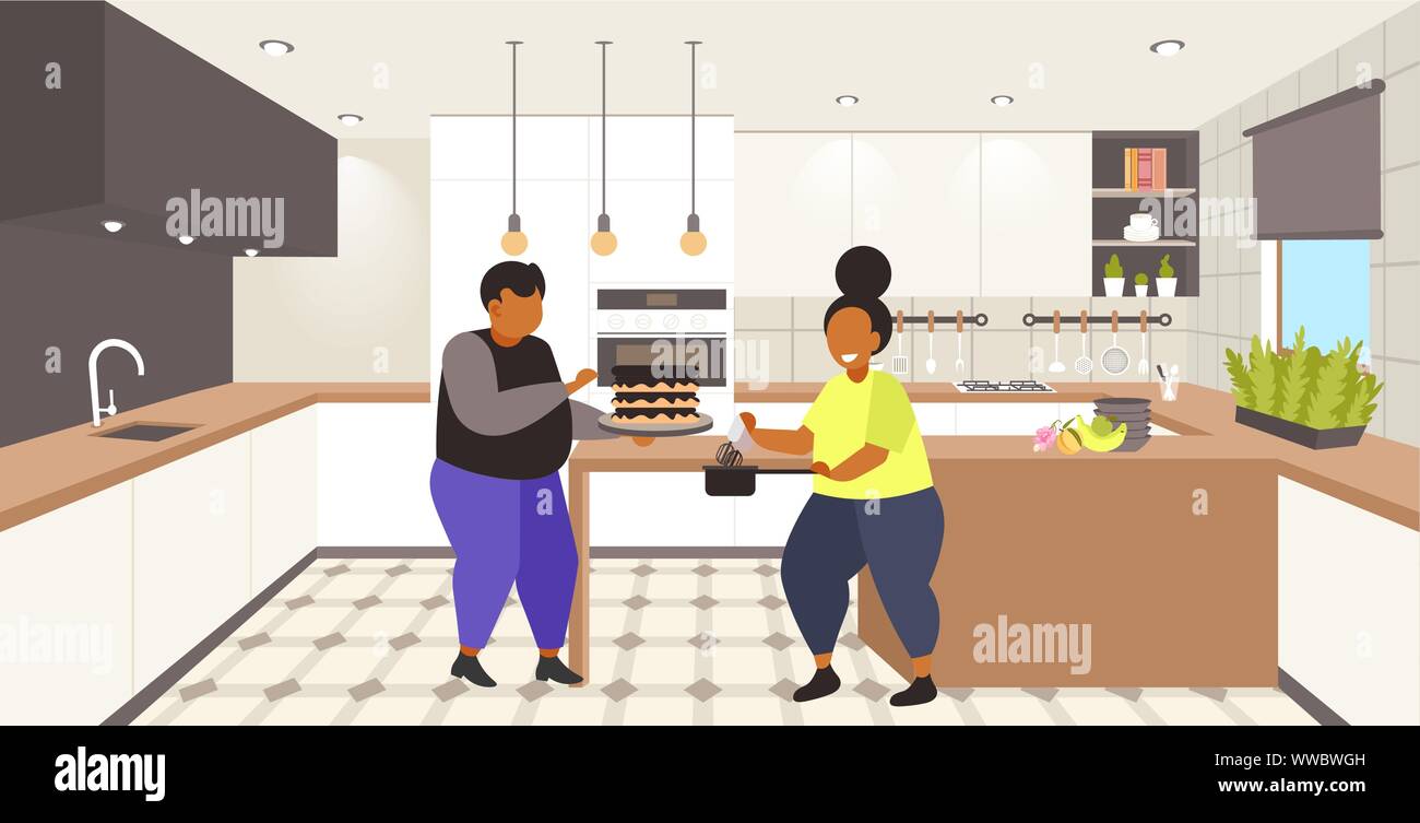 fat obese coupe cooking sweet homemade dessert overweight man woman ...