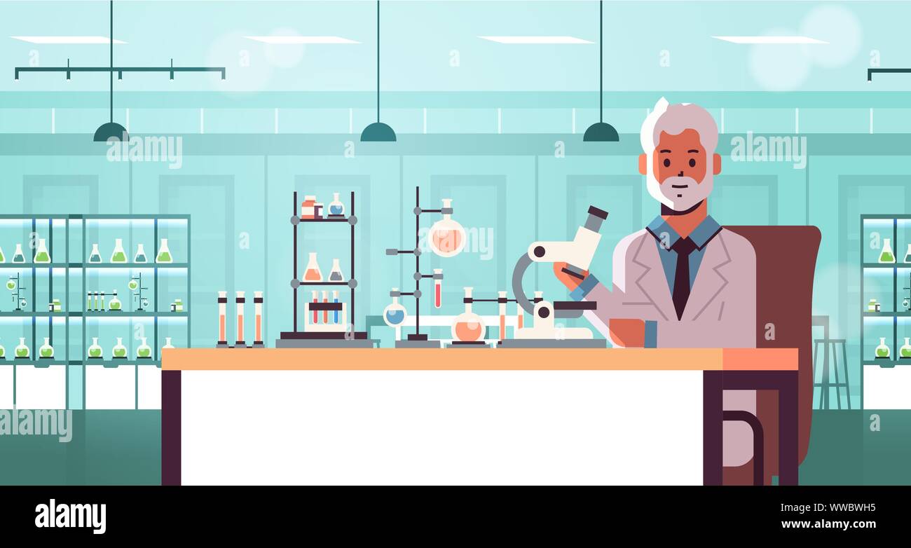 senior scientist using microscope and test tubes man in uniform sitting ...