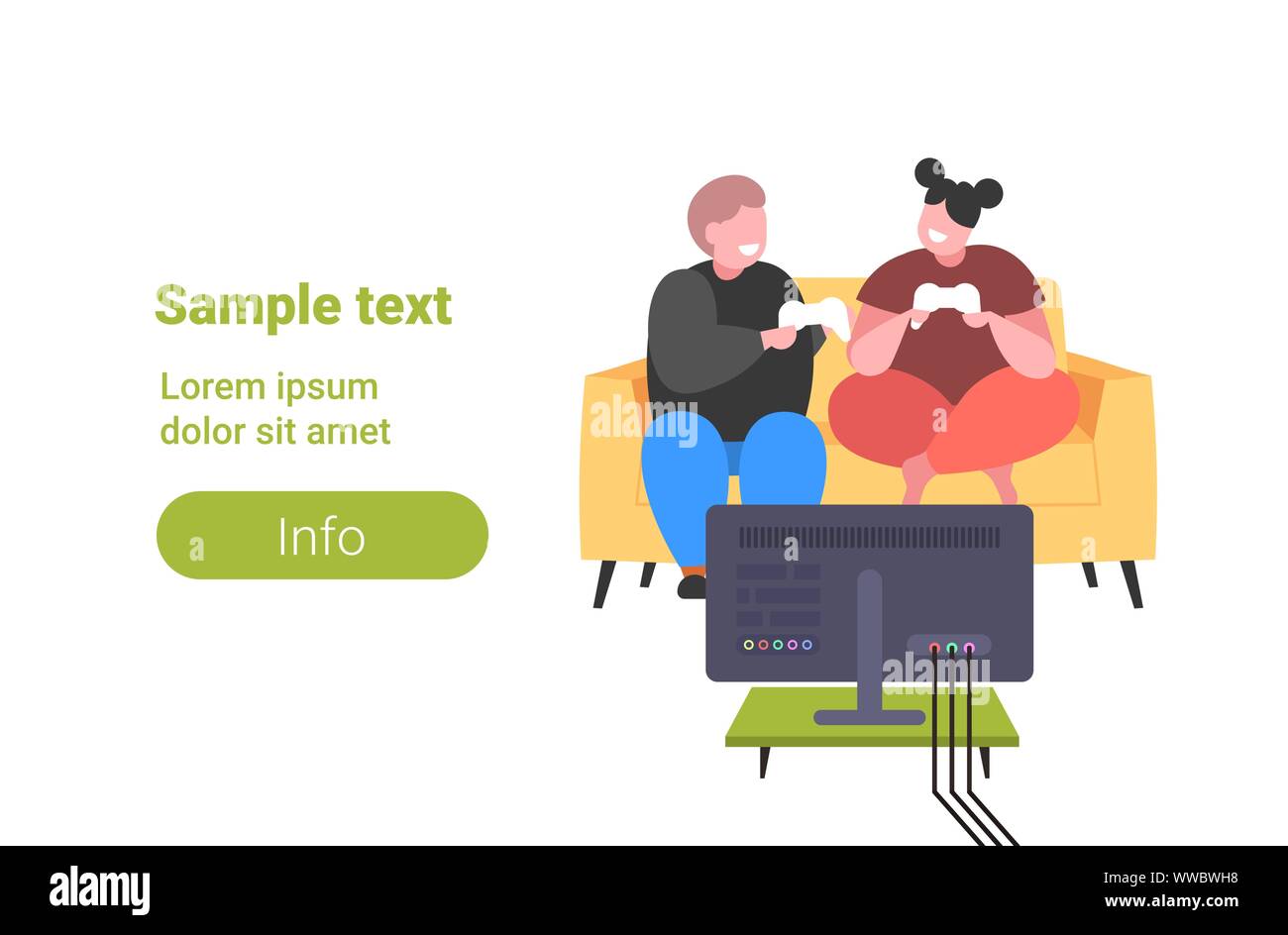 fat obese man woman sitting on couch using joystick game pad overweight ...