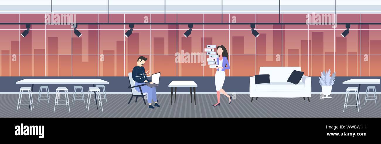 busy obese businessman with fat belly using laptop woman secretary ...