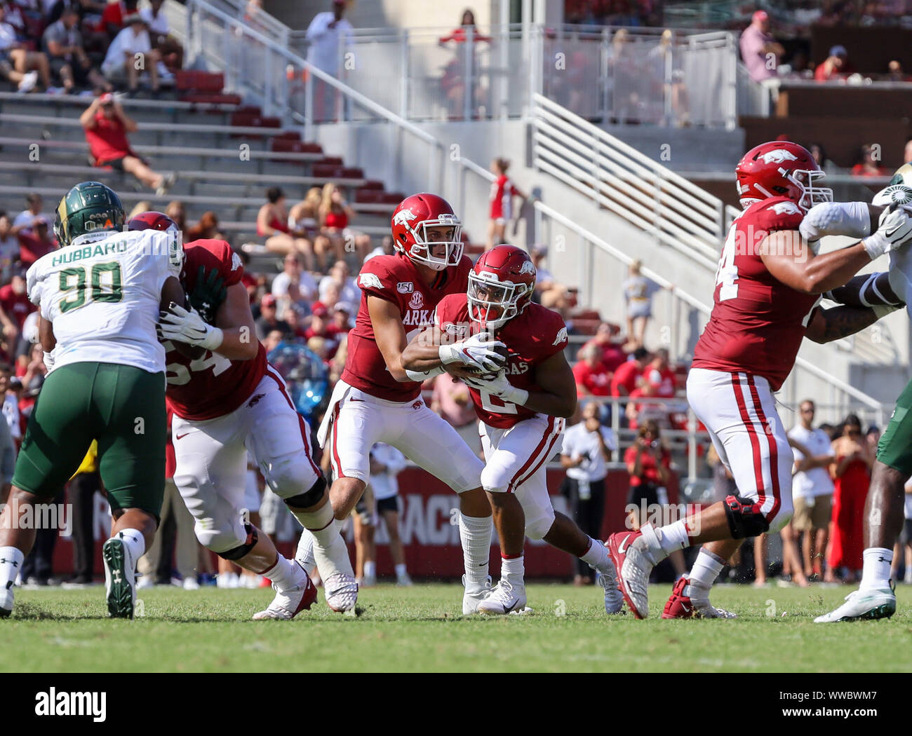 September 14, 2019: Razorback QB Nick Strakel #17 places the ball in ...