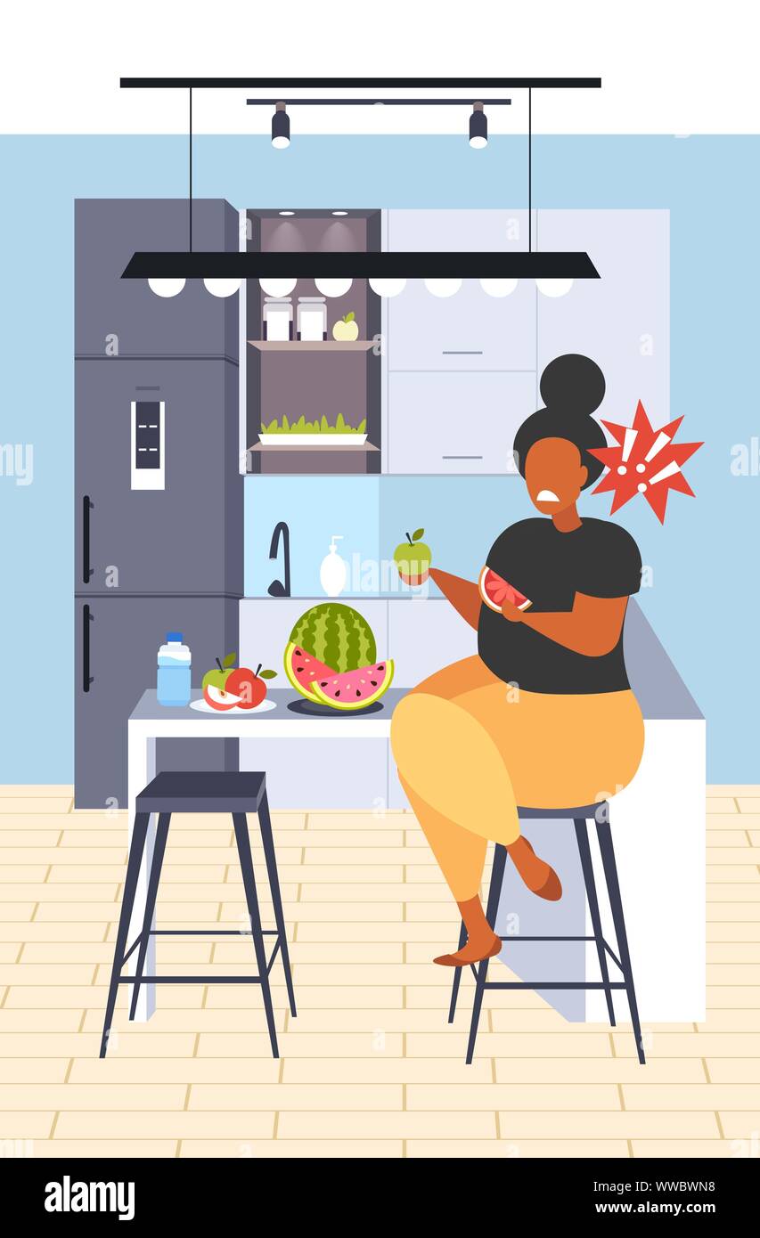 fat obese woman eating watermelon and apple fresh fruit diet african ...