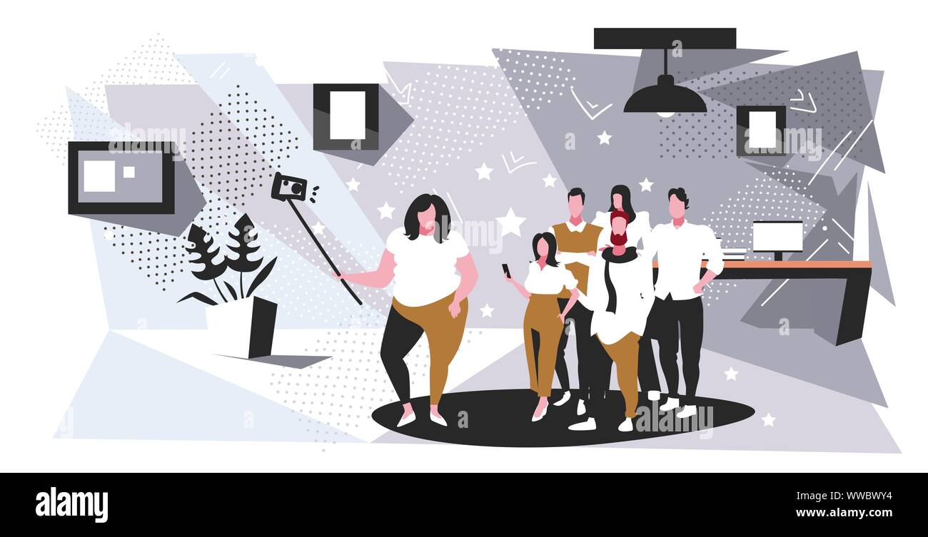fat obese woman holding selfie stick businesswoman with colleagues ...