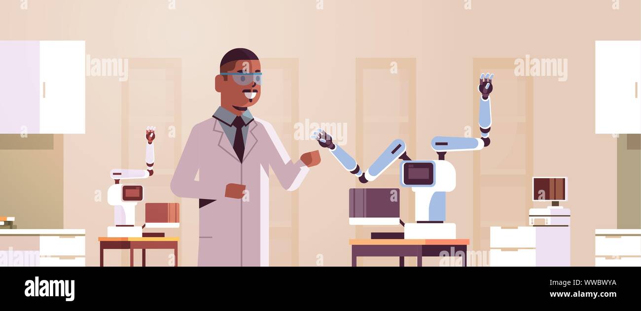male scientist near industrial robotic arm man in uniform with robot ...