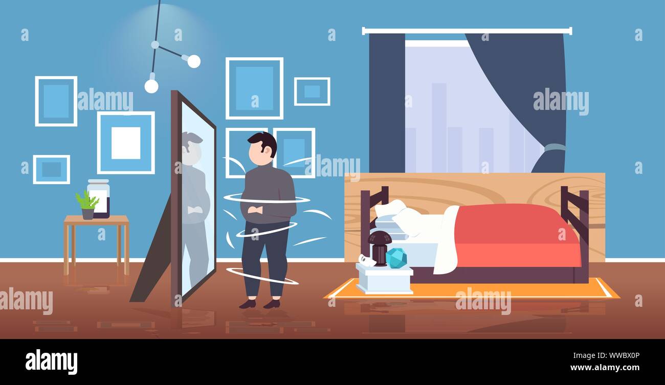 fat overweight man looking at reflection in mirror sad obese guy ...