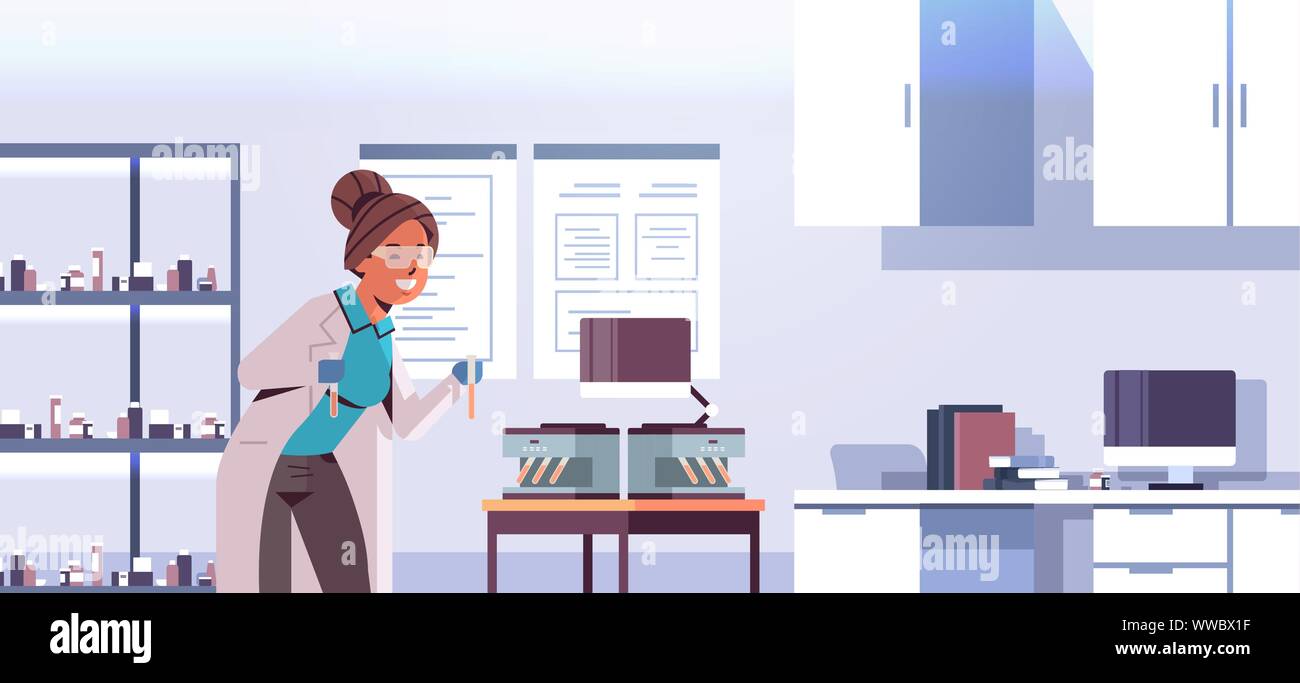 scientist holding test tubes with blood samples woman in uniform using ...