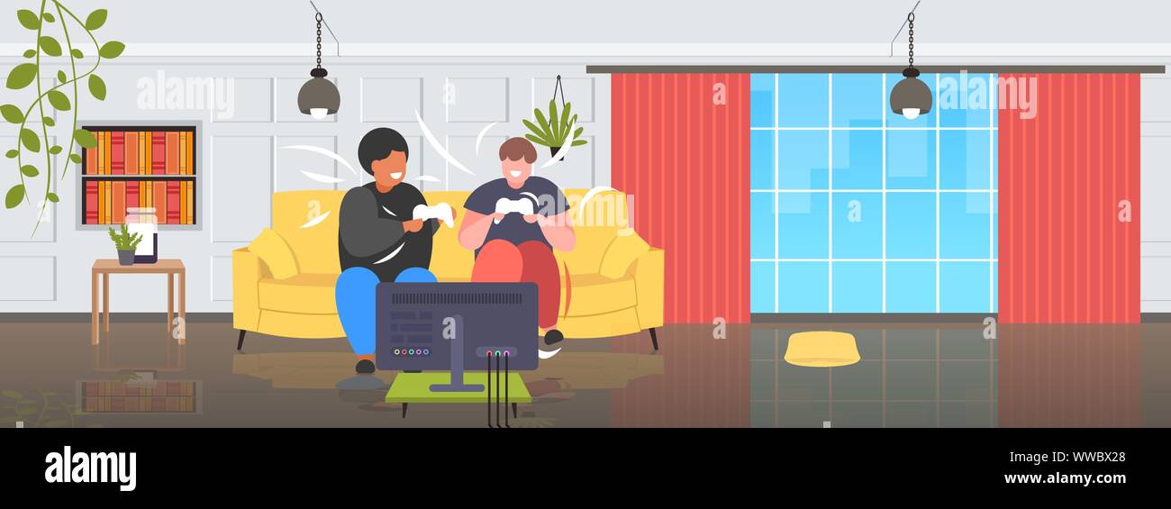 fat obese men sitting on couch using joystick game pad overweight mix ...