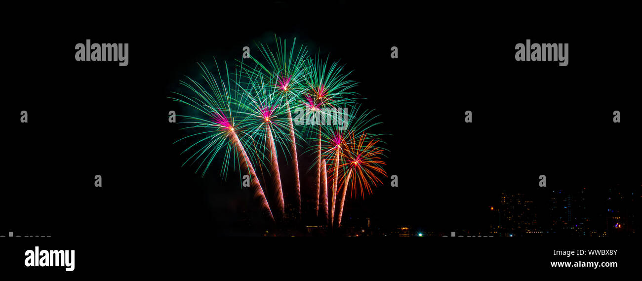 Beautiful colorful fireworks display on the sea beach, Amazing holiday ...