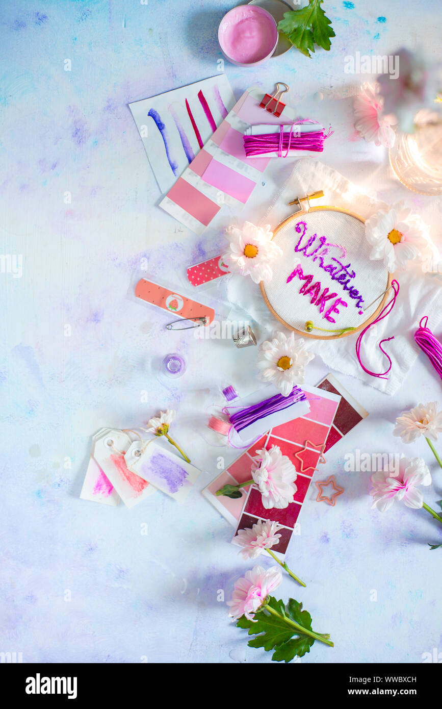 Pastel tones embroidery with inspirational Whatever Make quote. Pink ...