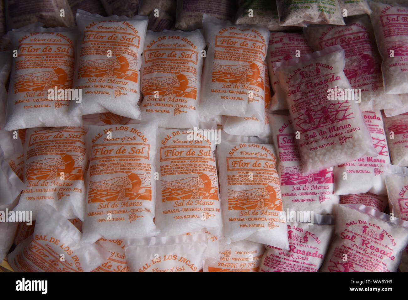 Bags with salt seen at Salineras de Maras.The Salineras de Maras is ...