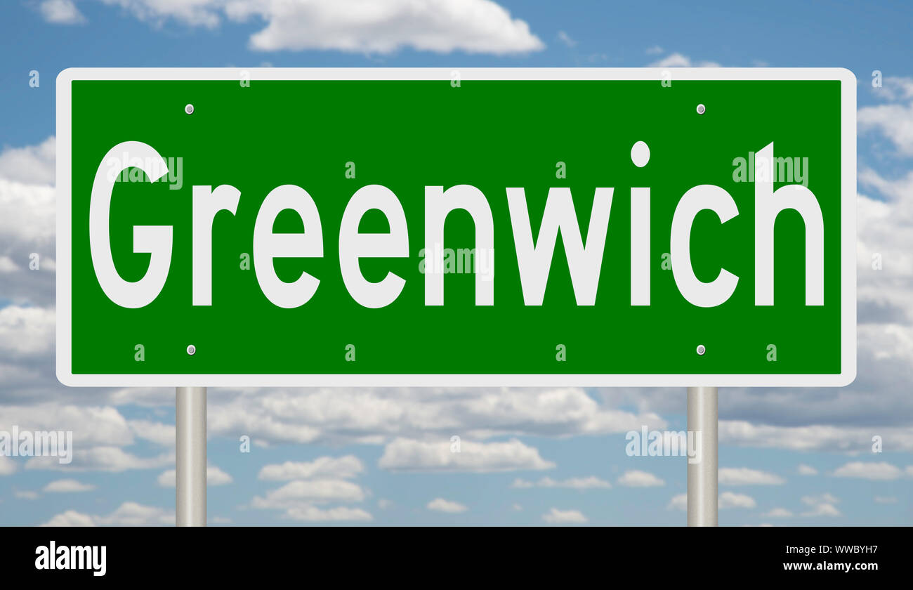 Rendering of a green road sign for Greenwich Stock Photo - Alamy