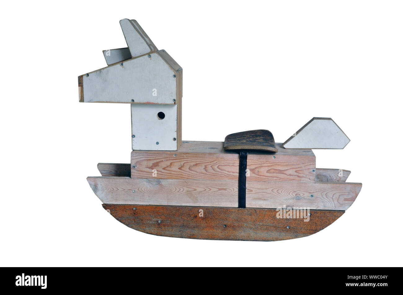 Homemade rocking toy, a horse made of wood. Isolated on white Stock ...