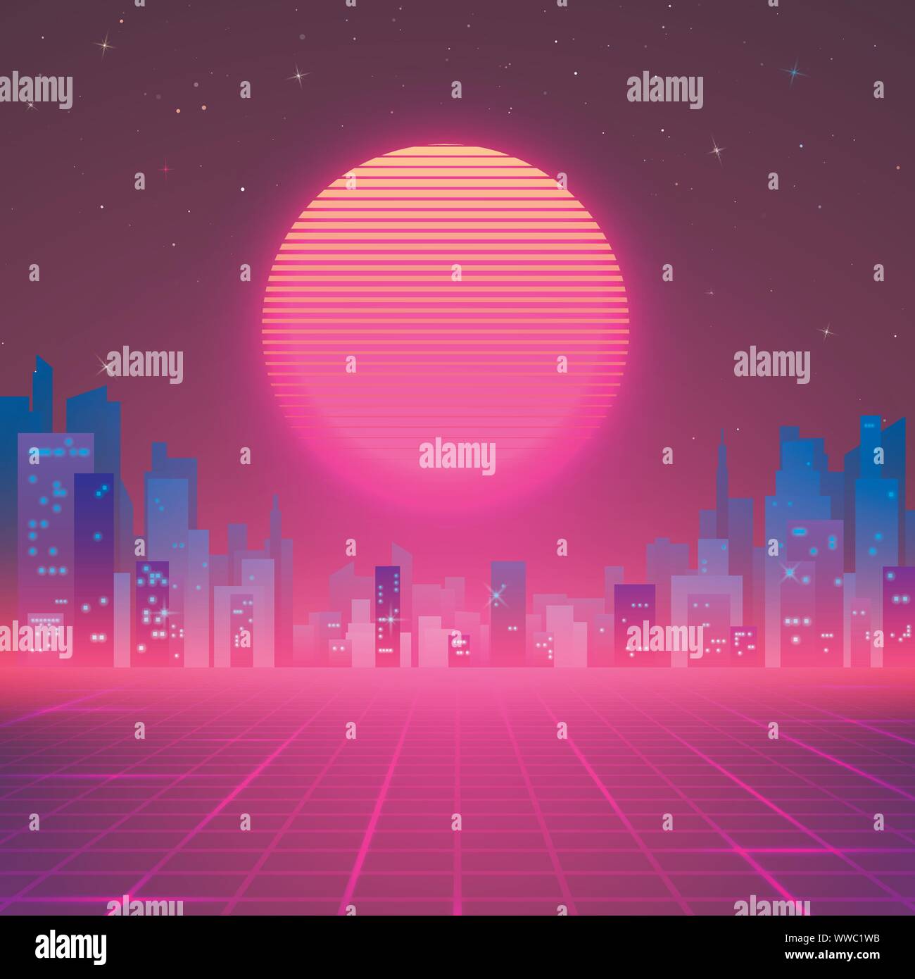 Silhouetted Night City on Skyline. 80s Retro Sci-Fi Background ...