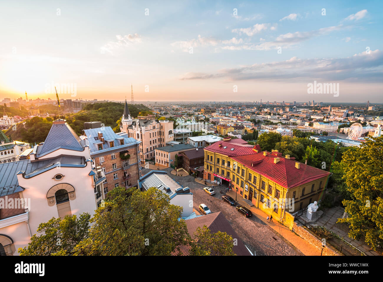 Kiev, Ukraine - August 13, 2018: Aerial high angle view of sunset over ...