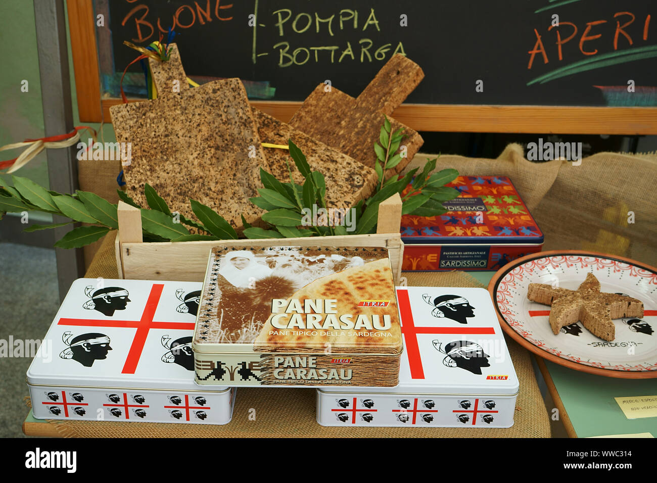 Pane carasau, tipical sardinian crispy bread, Cagliari, Sardinia, Italy ...