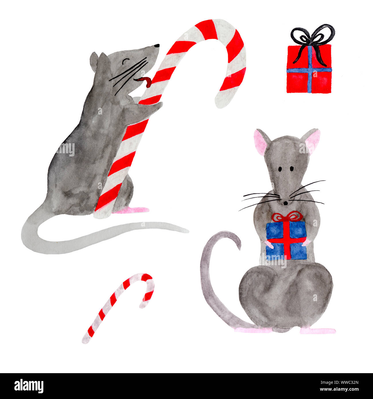 Watercolor set of Christmas rats isolated on white background. Hand ...