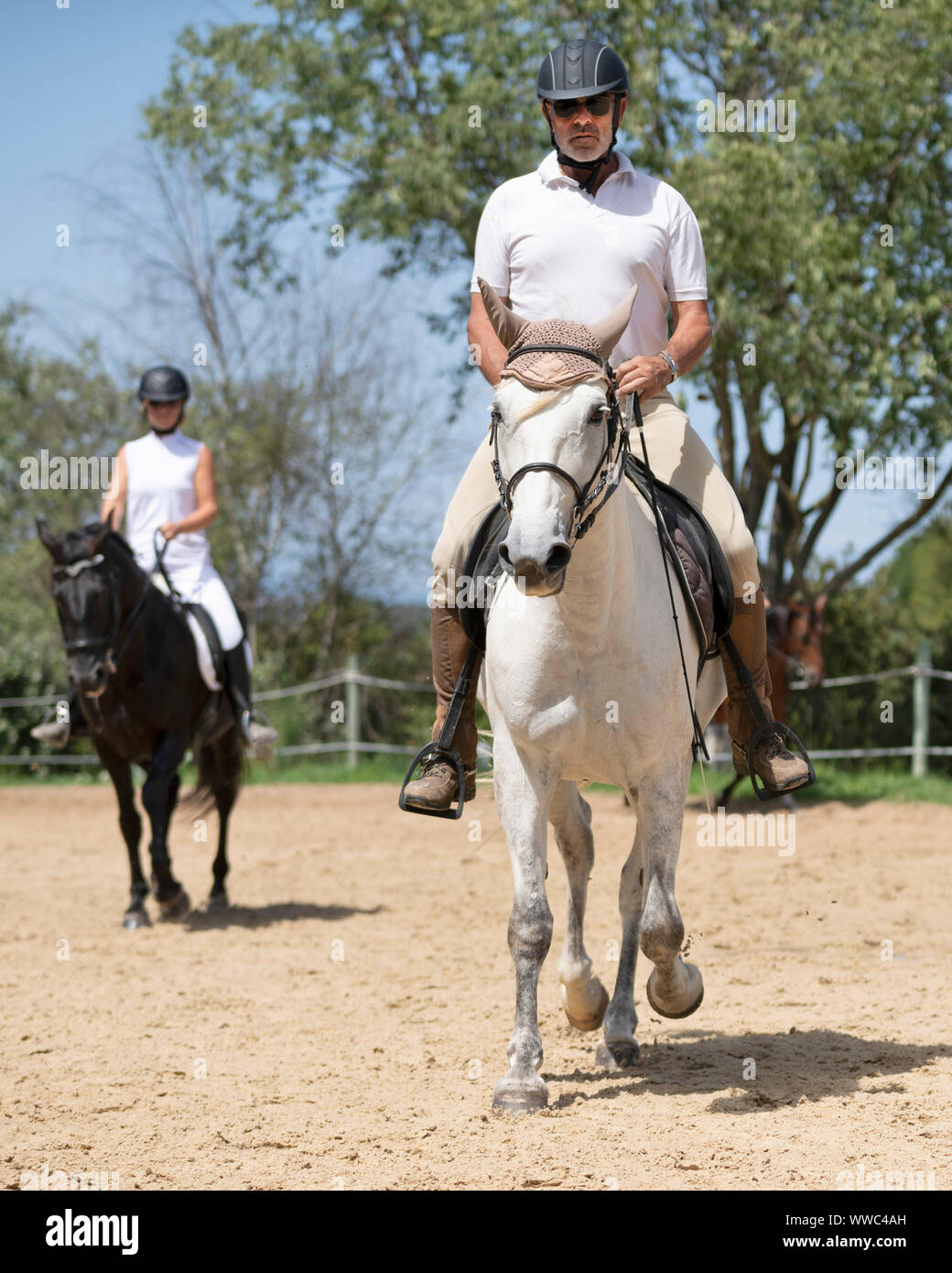 riding man, are training her young horse Stock Photo - Alamy