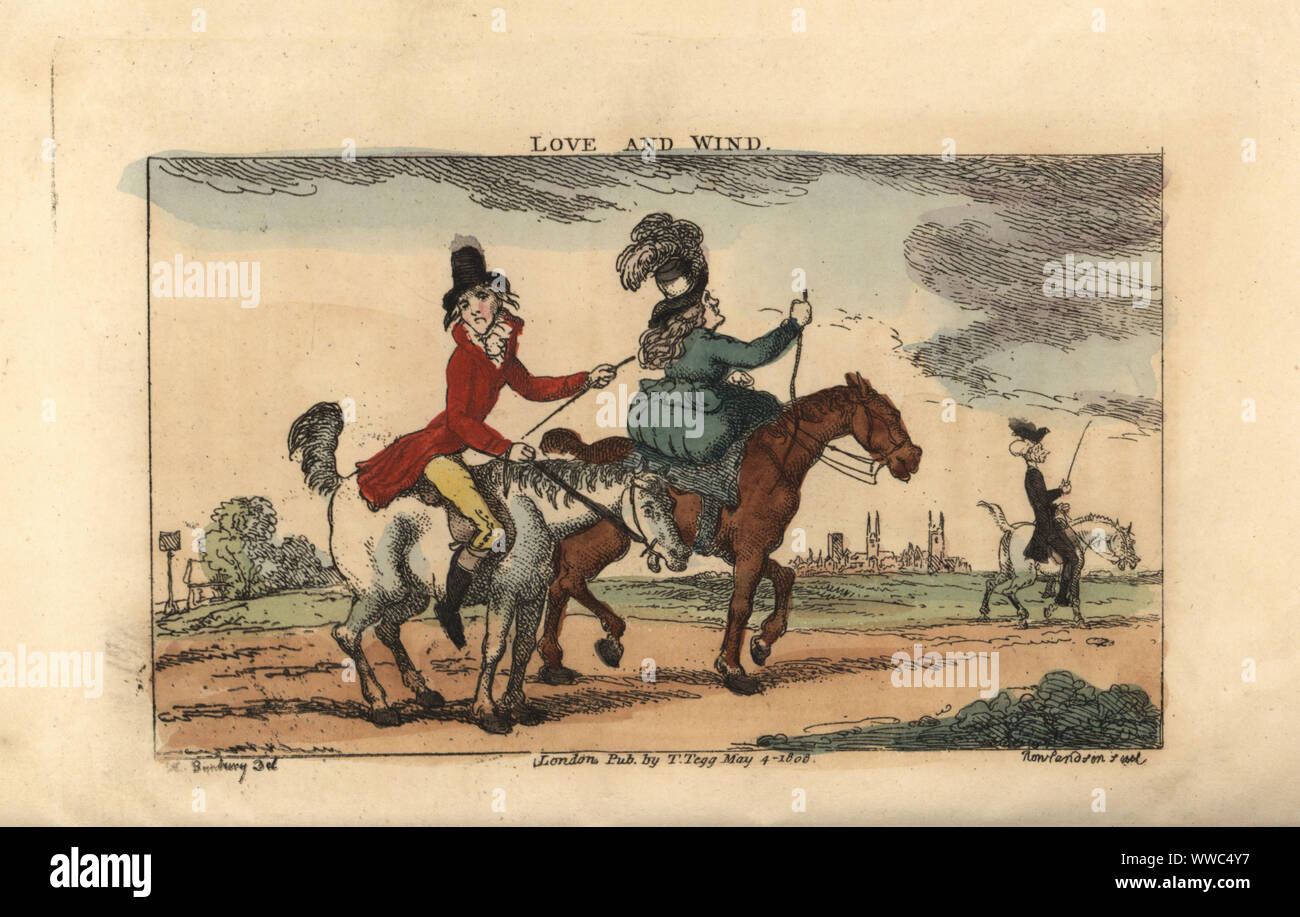 Regency gentleman riding with his love, embarrassed by his horse’s ...