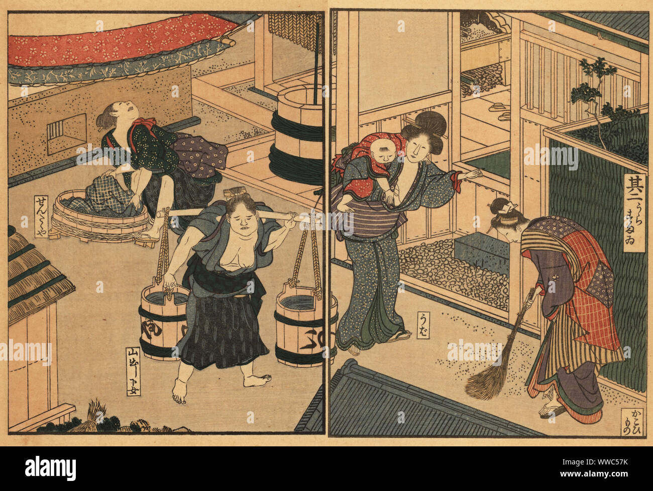 Women of the working class in Tokyo, Edo Era, 18th century. A laundress ...