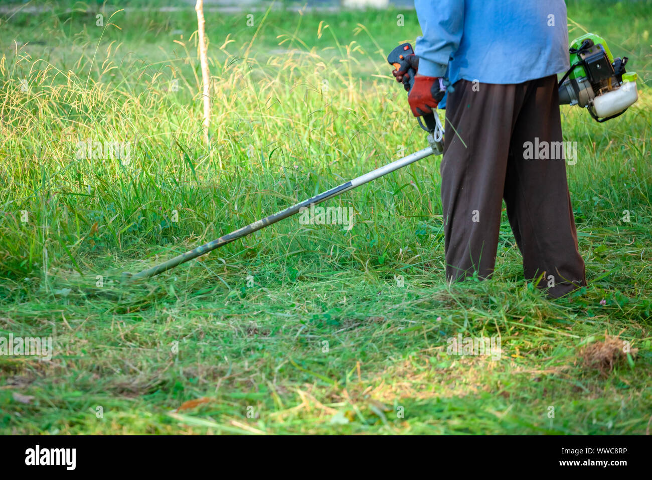 The gardener cutting grass by lawn mower, lawn care. Nature Stock Photo ...