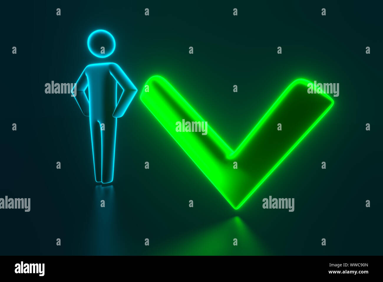 The 3d man next to the check mark. The concept of the completed task ...