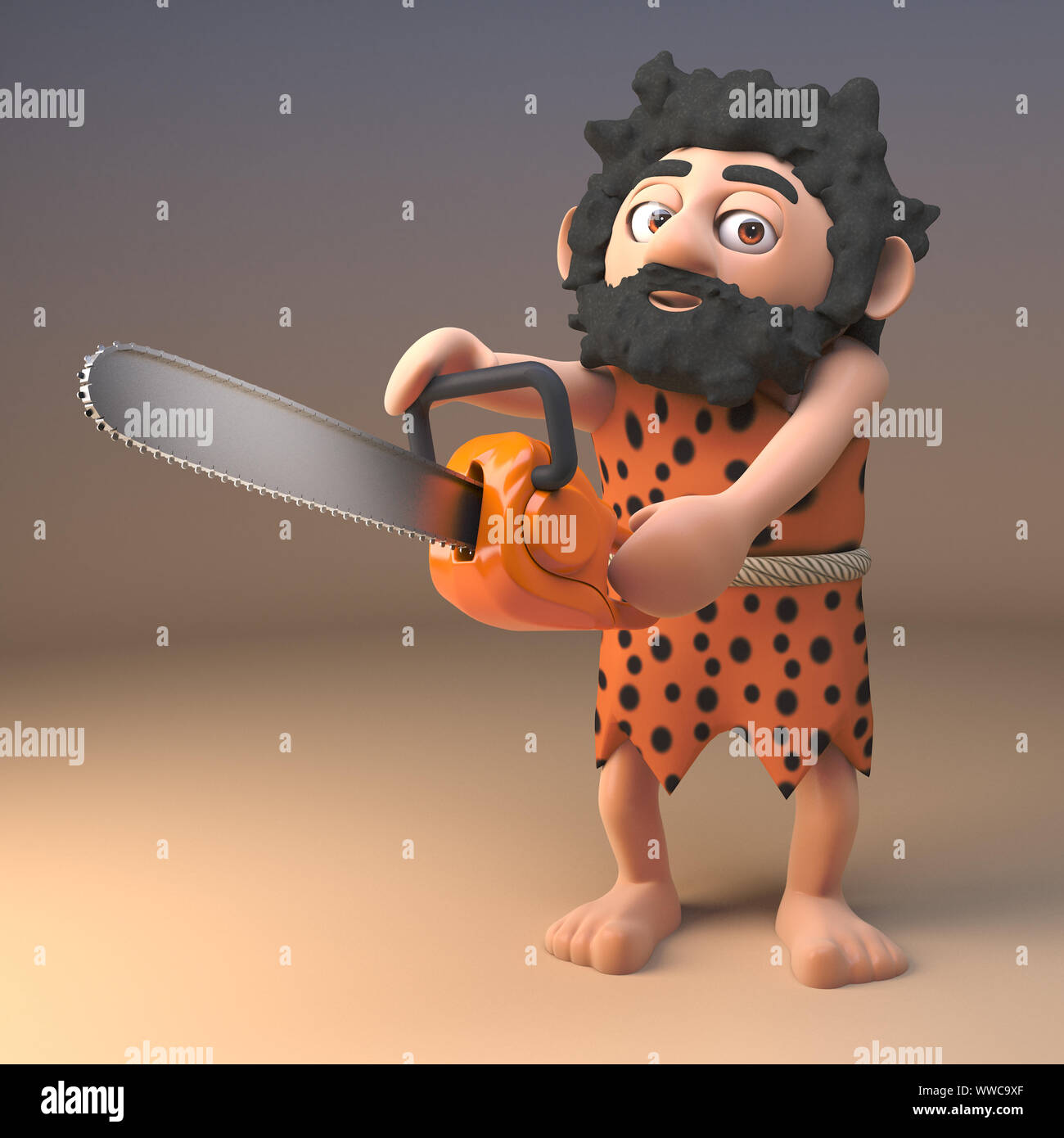 3d savage stone age caveman in animal pelt holding a chainsaw, 3d ...