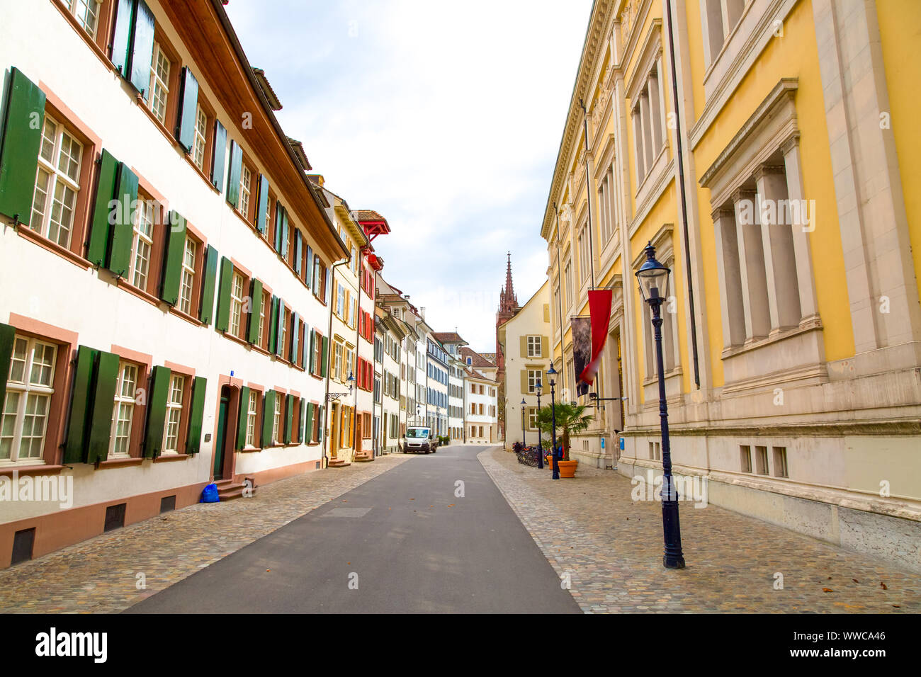 Old town colorful street in Basel city in Switzerland Stock Photo - Alamy
