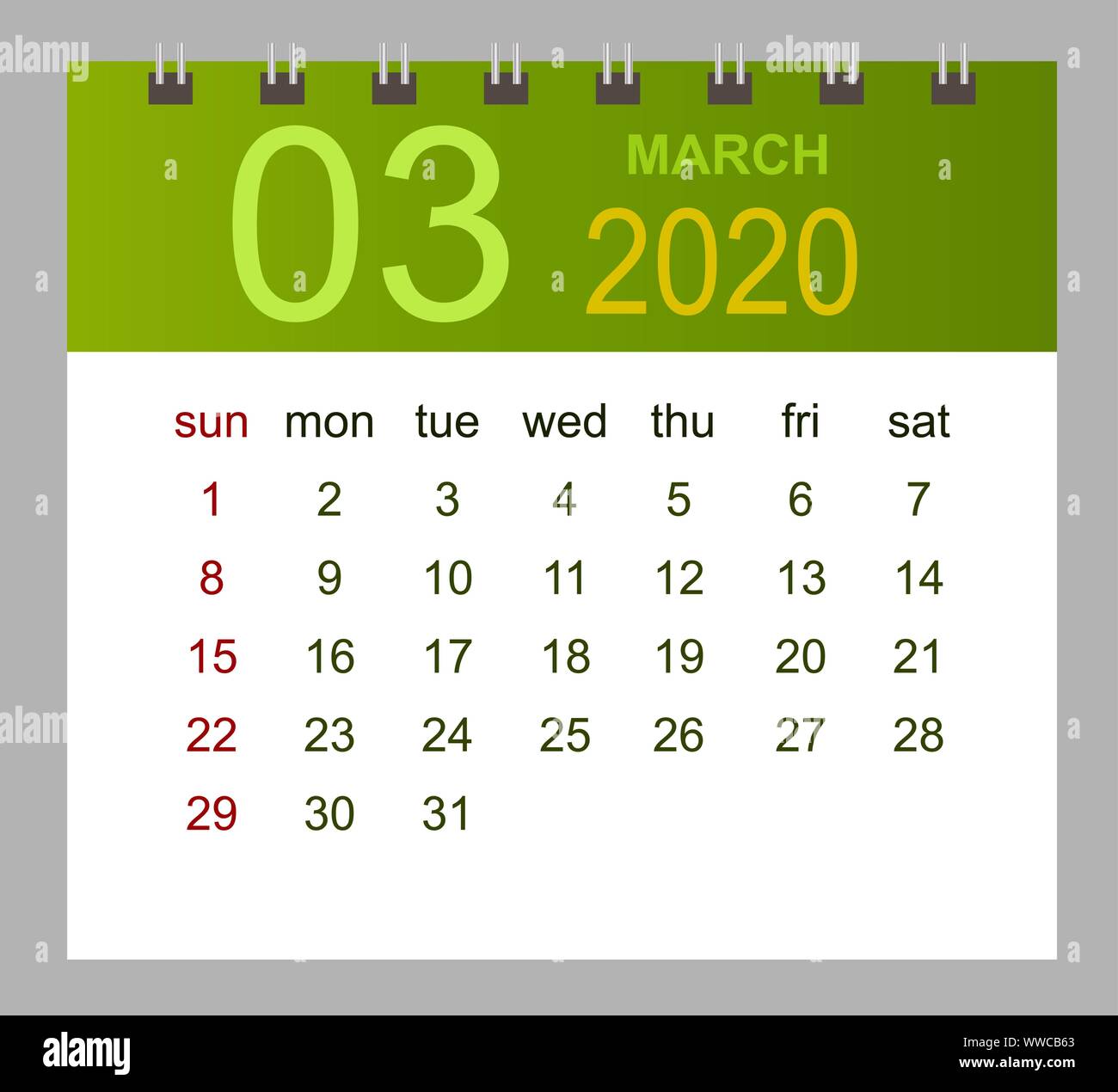 Template of calendar for March 2020. Week starts Sunday. Vector ...
