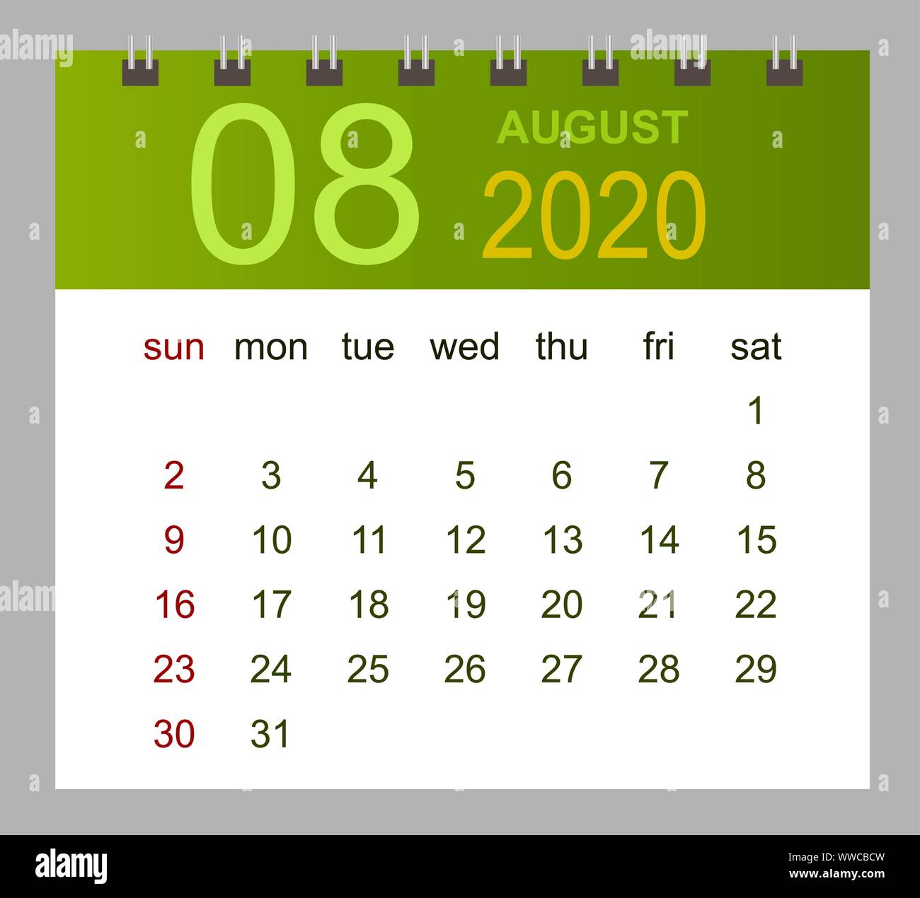 Template of calendar for August 2020. Week starts Sunday. Vector ...