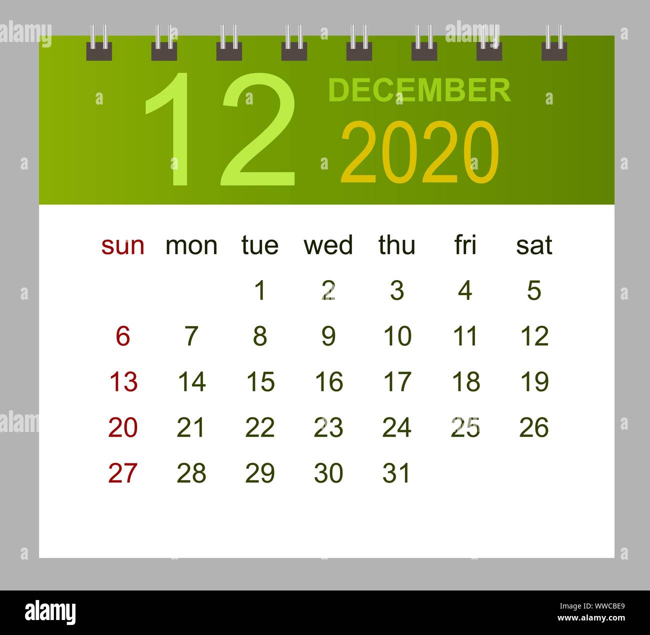 Template of calendar for December 2020. Week starts Sunday. Vector ...