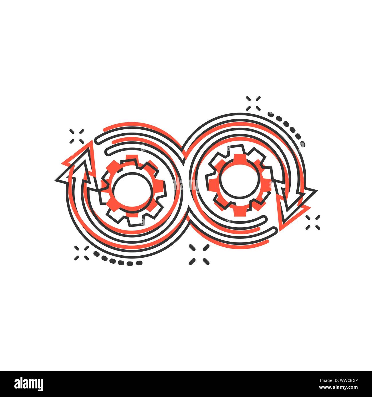 Development icon in comic style. Devops vector cartoon illustration on white isolated background ...