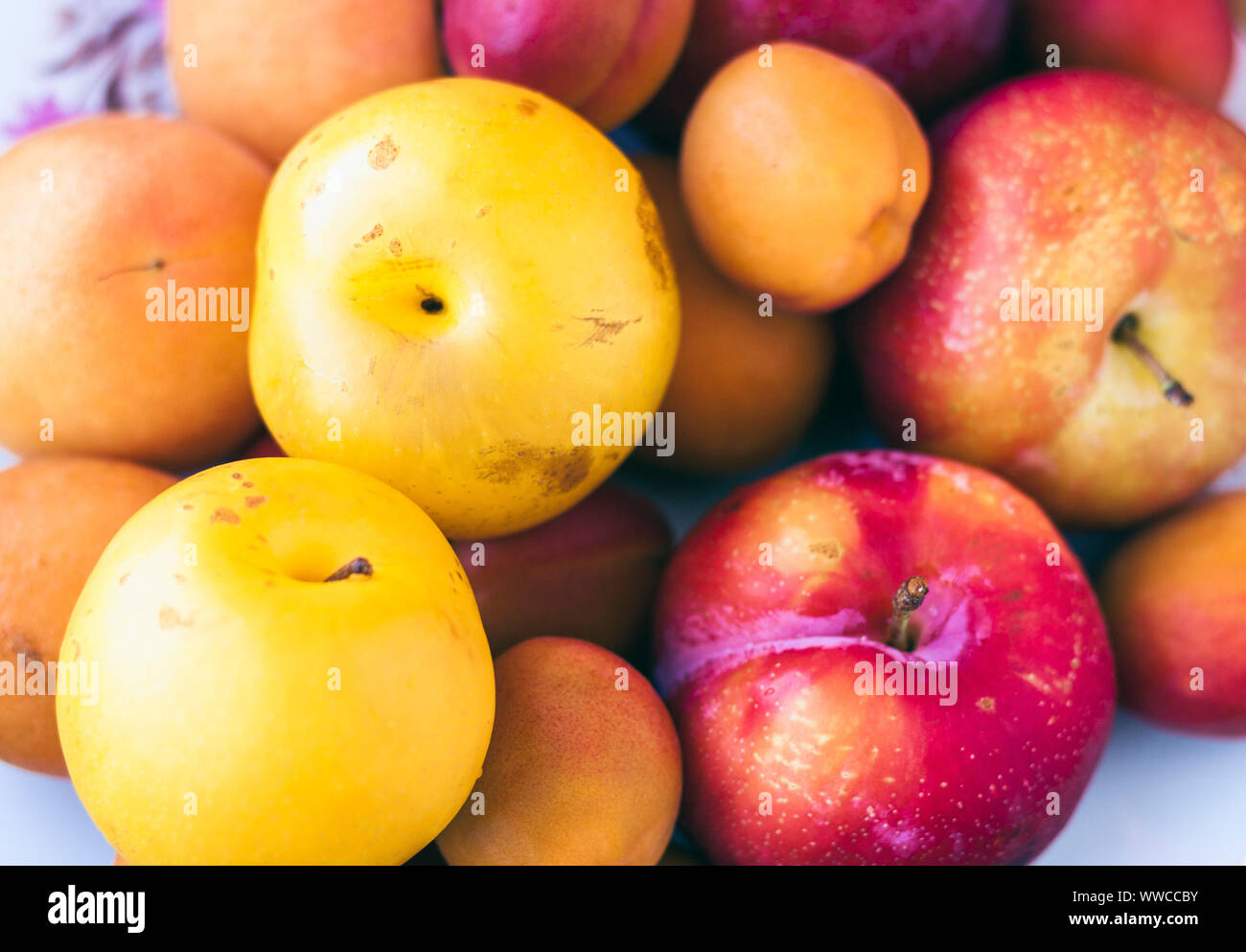Fresh whole fruits plums, peaches, apricots background , top view Stock ...