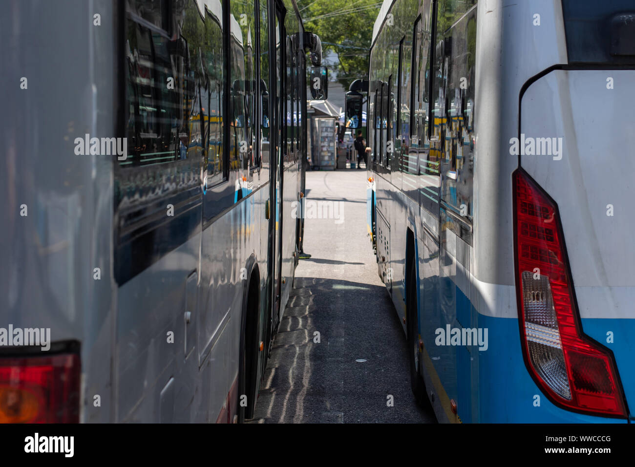 Between two buses. Narrow passage along public transport. Street ...