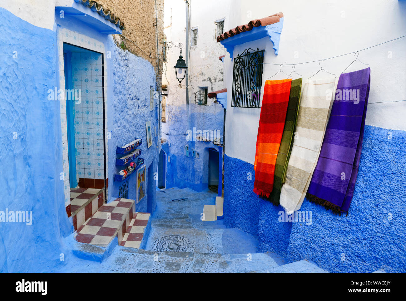 A view of the distinctive blue architecture of Chefchaouen in northwest ...