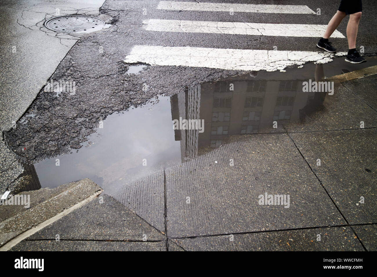 rainwater puddle on magnificent mile on a wet stormy overcast day ...