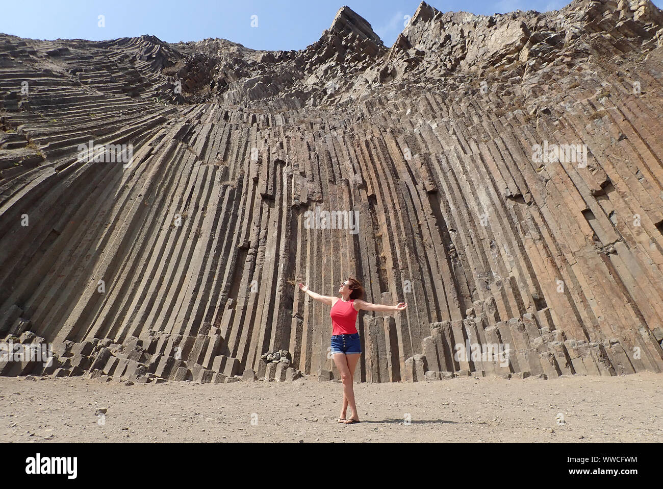 Young Woman Observe Basalt Columns Peak Ana Ferreira Rock Formation ...