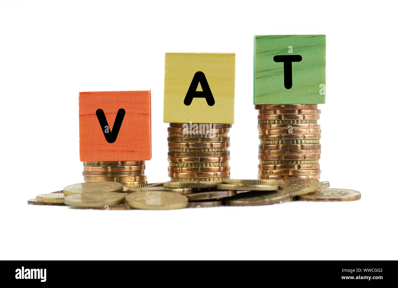 VAT or TAX Concept with colorful wooden block and stacked coins on ...