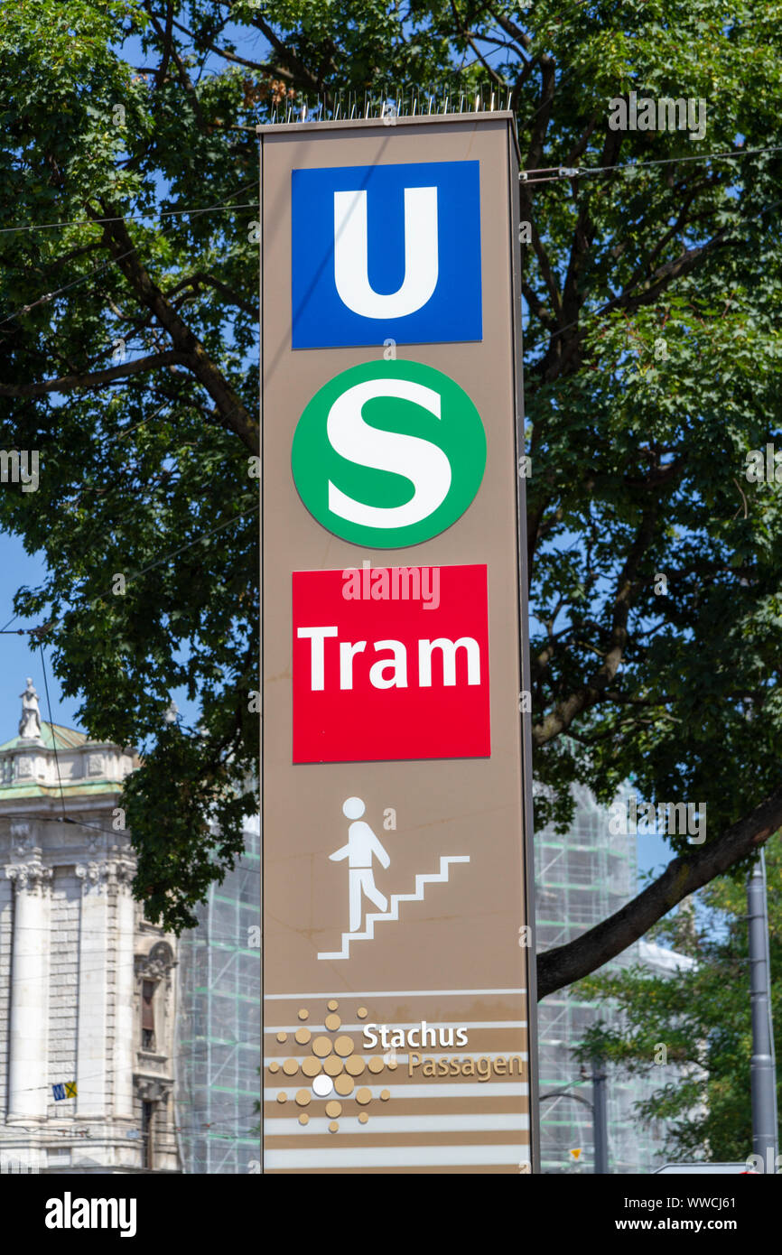 Generic signpost showing a U-Bahn, S-Bahn and tram public transport ...
