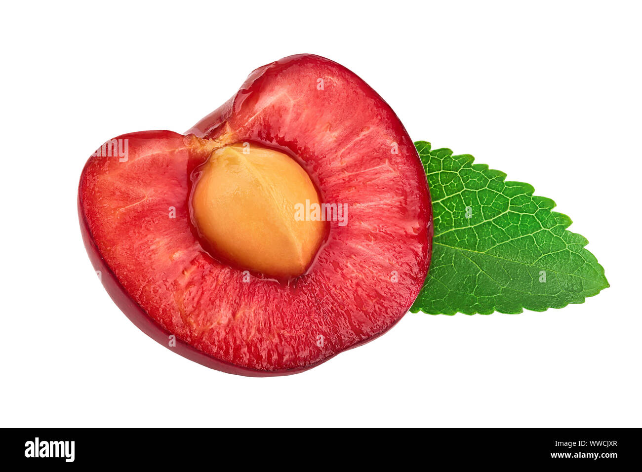 half cherry with leaf closeup isolated on white background Stock Photo ...